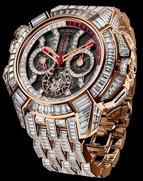 Jacob & Co. EPIC X CHRONO BAGUETTE ROSE GOLD BLACK CRYSTAL BRACELET ...