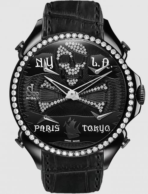 Jacob & Co. PALATIAL FIVE TIME ZONE PIRATE BLACK PVD WHITE DIAMOND SET ...